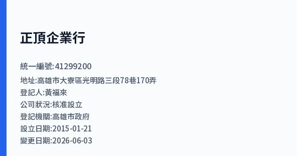 正頂企業行的照片-統編 41299200(高雄市) 公司登記資料與營業項目詳細圖表