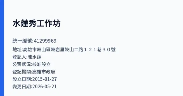 水蓮秀工作坊的照片-統編 41299969(高雄市) 公司登記資料與營業項目詳細圖表