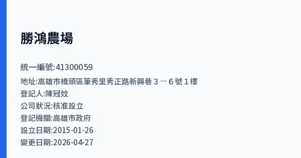 勝鴻農場的照片-統編 41300059(高雄市) 公司登記資料與營業項目詳細圖表