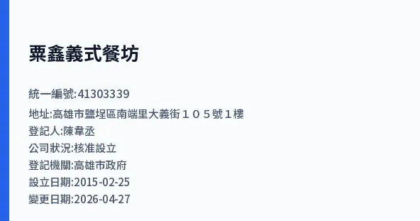 粟鑫義式餐坊的照片-統編 41303339(高雄市) 公司登記資料與營業項目詳細圖表