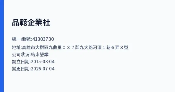品範企業社的照片-統編 41303730(高雄市) 公司登記資料與營業項目詳細圖表