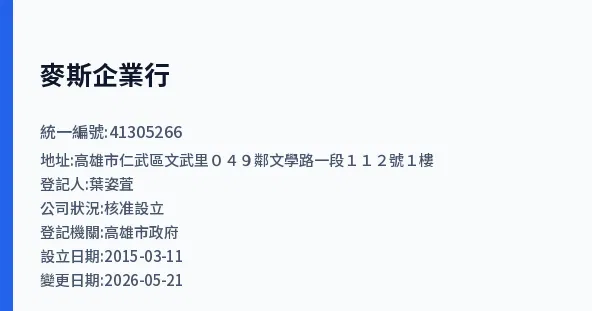 麥斯企業行的照片-統編 41305266(高雄市) 公司登記資料與營業項目詳細圖表