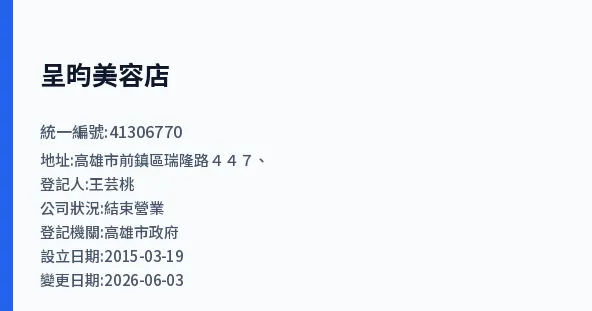 呈昀美容店的照片-統編 41306770(高雄市) 公司登記資料與營業項目詳細圖表
