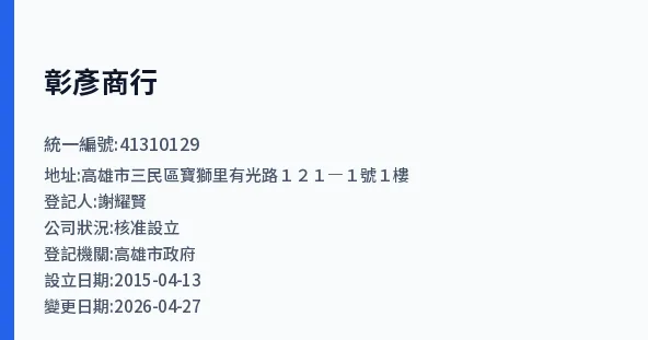 彰彥商行的照片-統編 41310129(高雄市) 公司登記資料與營業項目詳細圖表