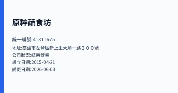 原粹蔬食坊的照片-統編 41311675(高雄市) 公司登記資料與營業項目詳細圖表