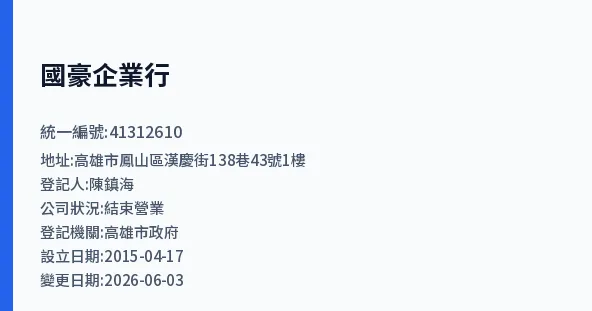 國豪企業行的照片-統編 41312610(高雄市) 公司登記資料與營業項目詳細圖表