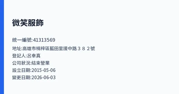 微笑服飾的照片-統編 41313569(高雄市) 公司登記資料與營業項目詳細圖表
