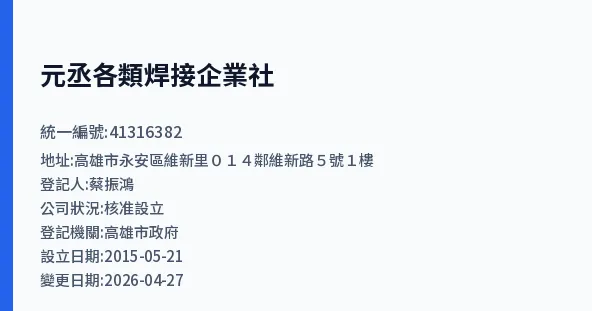 元丞各類焊接企業社的照片-統編 41316382(高雄市) 公司登記資料與營業項目詳細圖表