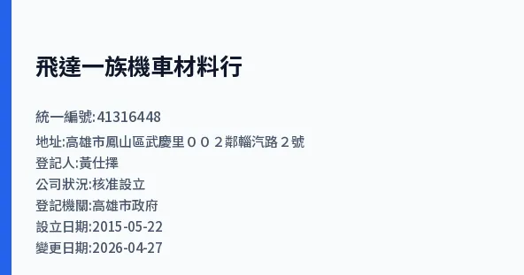 飛達一族機車材料行的照片-統編 41316448(高雄市) 公司登記資料與營業項目詳細圖表