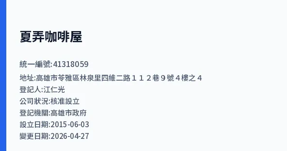 夏弄咖啡屋的照片-統編 41318059(高雄市) 公司登記資料與營業項目詳細圖表