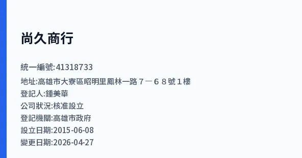 尚久商行的照片-統編 41318733(高雄市) 公司登記資料與營業項目詳細圖表