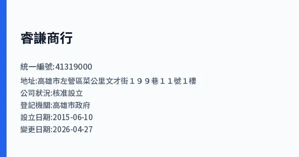 睿謙商行的照片-統編 41319000(高雄市) 公司登記資料與營業項目詳細圖表