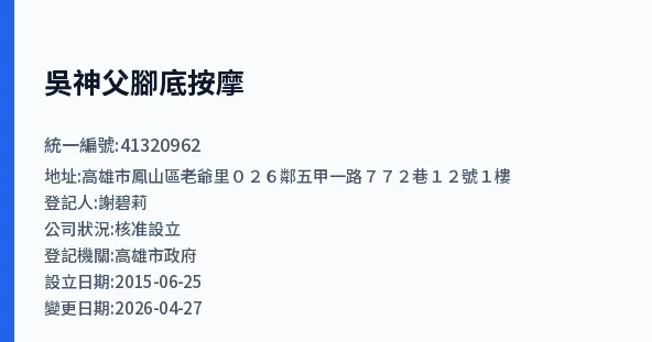 吳神父腳底按摩的照片-統編 41320962(高雄市) 公司登記資料與營業項目詳細圖表