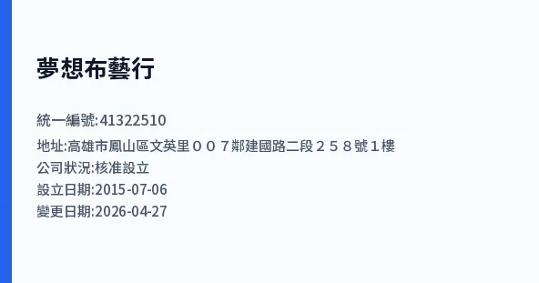 夢想布藝行的照片-統編 41322510(高雄市) 公司登記資料與營業項目詳細圖表
