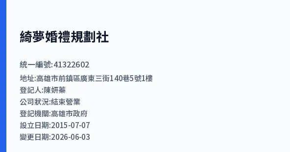 綺夢婚禮規劃社的照片-統編 41322602(高雄市) 公司登記資料與營業項目詳細圖表