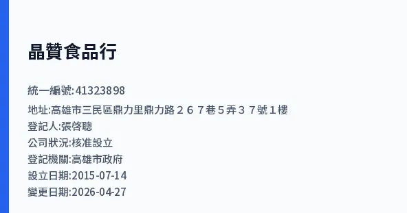 晶贊食品行的照片-統編 41323898(高雄市) 公司登記資料與營業項目詳細圖表