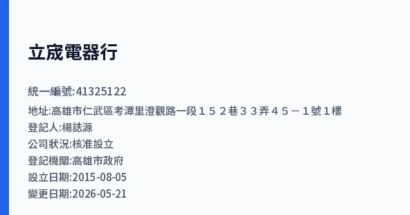 立宬電器行的照片-統編 41325122(高雄市) 公司登記資料與營業項目詳細圖表