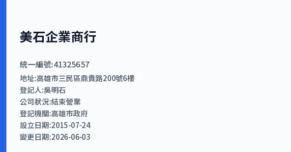 美石企業商行的照片-統編 41325657(高雄市) 公司登記資料與營業項目詳細圖表