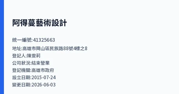 阿得蔓藝術設計的照片-統編 41325663(高雄市) 公司登記資料與營業項目詳細圖表