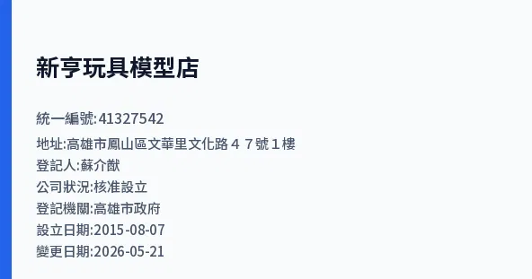 新亨玩具模型店的照片-統編 41327542(高雄市) 公司登記資料與營業項目詳細圖表