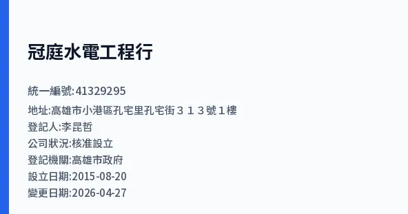 冠庭水電工程行的照片-統編 41329295(高雄市) 公司登記資料與營業項目詳細圖表