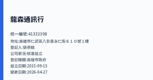 龍森通訊行的照片-統編 41332398(高雄市) 公司登記資料與營業項目詳細圖表