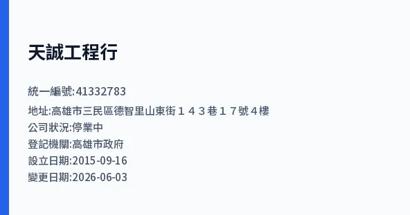 天誠工程行的照片-統編 41332783(高雄市) 公司登記資料與營業項目詳細圖表