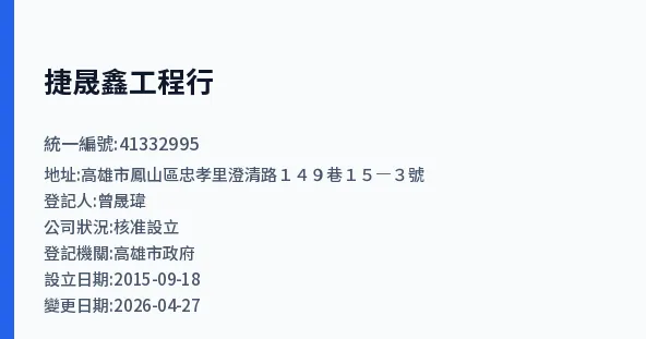 捷晟鑫工程行的照片-統編 41332995(高雄市) 公司登記資料與營業項目詳細圖表