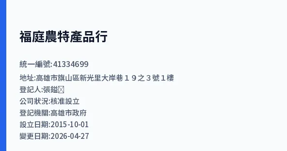 福庭農特產品行的照片-統編 41334699(高雄市) 公司登記資料與營業項目詳細圖表