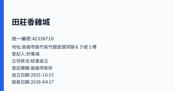 田莊香雞城的照片-統編 41336710(高雄市) 公司登記資料與營業項目詳細圖表