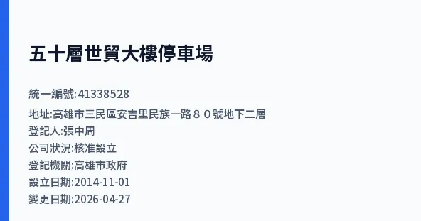 五十層世貿大樓停車場的照片-統編 41338528(高雄市) 公司登記資料與營業項目詳細圖表