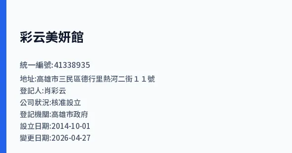 彩云美妍館的照片-統編 41338935(高雄市) 公司登記資料與營業項目詳細圖表