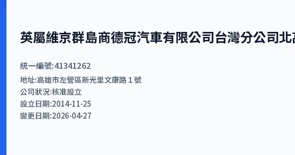 英屬維京群島商德冠汽車有限公司台灣分公司北高雄營業中心的照片-統編 41341262(高雄市) 公司登記資料與營業項目詳細圖表