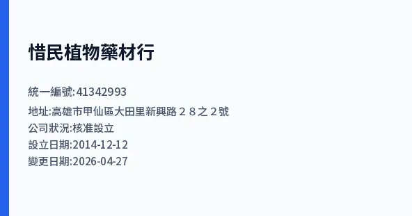惜民植物藥材行的照片-統編 41342993(高雄市) 公司登記資料與營業項目詳細圖表