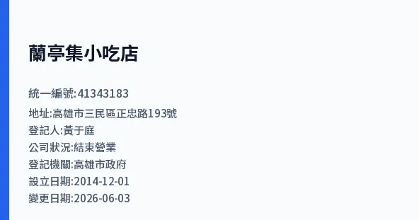蘭亭集小吃店的照片-統編 41343183(高雄市) 公司登記資料與營業項目詳細圖表