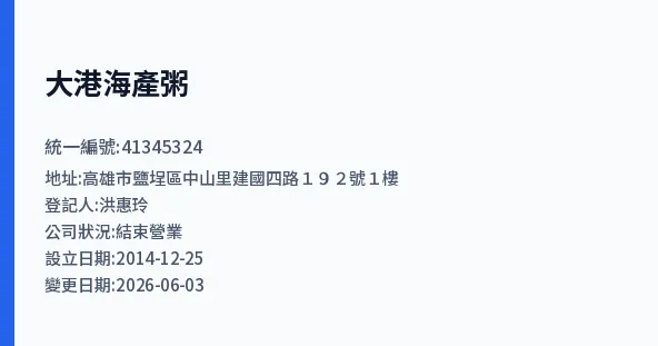 大港海產粥的照片-統編 41345324(高雄市) 公司登記資料與營業項目詳細圖表