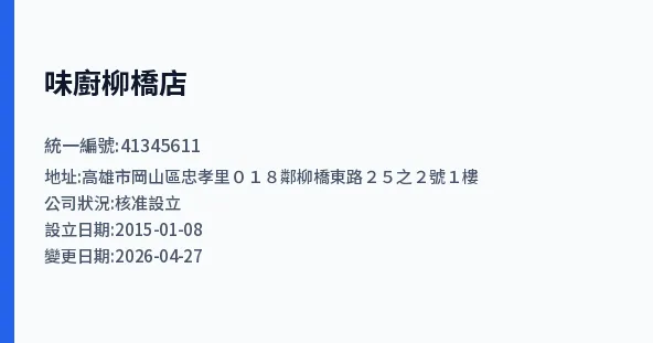 味廚柳橋店的照片-統編 41345611(高雄市) 公司登記資料與營業項目詳細圖表