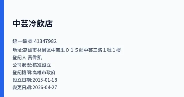 中芸冷飲店的照片-統編 41347982(高雄市) 公司登記資料與營業項目詳細圖表