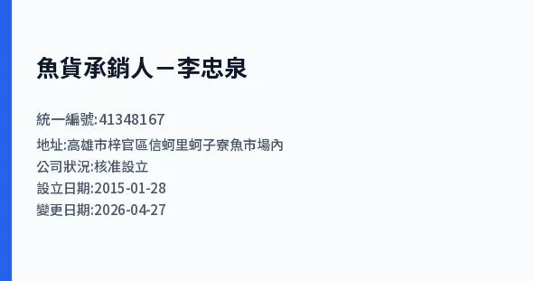 魚貨承銷人-李忠泉的照片-統編 41348167(高雄市) 公司登記資料與營業項目詳細圖表