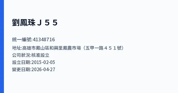 劉鳳珠J55的照片-統編 41348716(高雄市) 公司登記資料與營業項目詳細圖表
