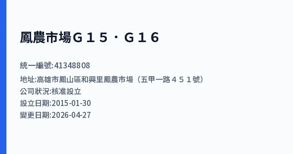 鳳農市場G15.G16的照片-統編 41348808(高雄市) 公司登記資料與營業項目詳細圖表