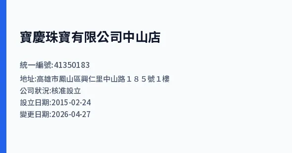 寶慶珠寶有限公司中山店的照片-統編 41350183(高雄市) 公司登記資料與營業項目詳細圖表