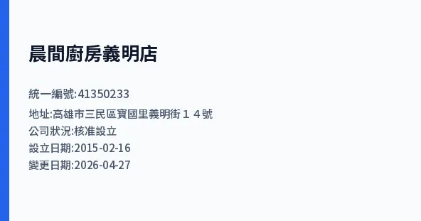 晨間廚房義明店的照片-統編 41350233(高雄市) 公司登記資料與營業項目詳細圖表
