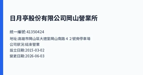 日月亭股份有限公司岡山營業所的照片-統編 41350424(高雄市) 公司登記資料與營業項目詳細圖表