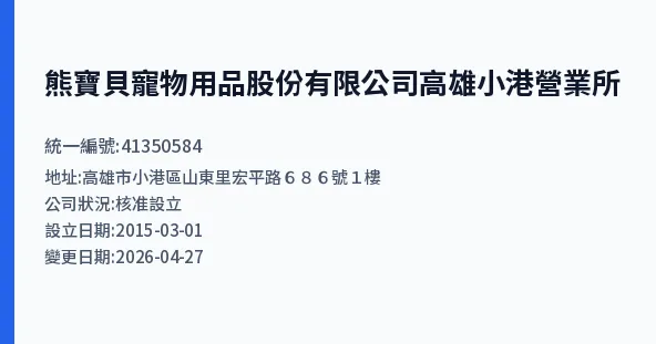 熊寶貝寵物用品股份有限公司高雄小港營業所的照片-統編 41350584(高雄市) 公司登記資料與營業項目詳細圖表