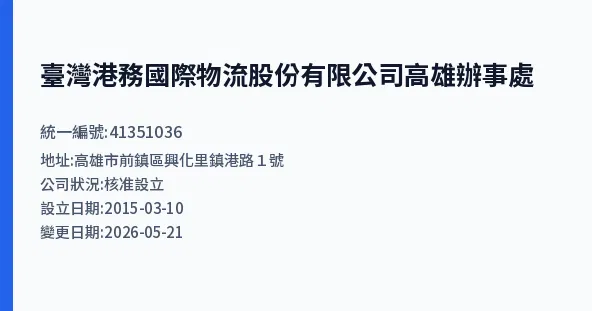 臺灣港務國際物流股份有限公司高雄辦事處的照片-統編 41351036(高雄市) 公司登記資料與營業項目詳細圖表