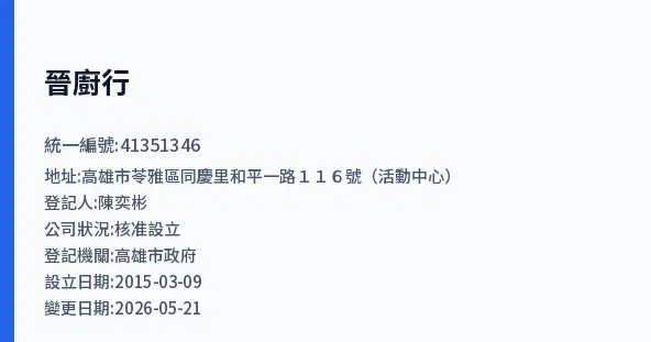 晉廚行的照片-統編 41351346(高雄市) 公司登記資料與營業項目詳細圖表