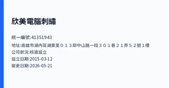 欣美電腦刺繡的照片-統編 41351943(高雄市) 公司登記資料與營業項目詳細圖表