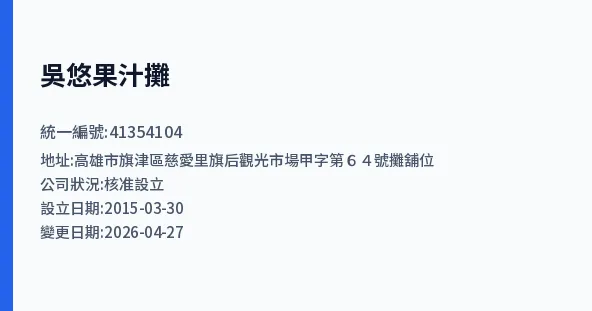 吳悠果汁攤的照片-統編 41354104(高雄市) 公司登記資料與營業項目詳細圖表