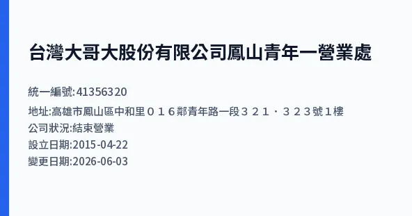 台灣大哥大股份有限公司鳳山青年一營業處的照片-統編 41356320(高雄市) 公司登記資料與營業項目詳細圖表